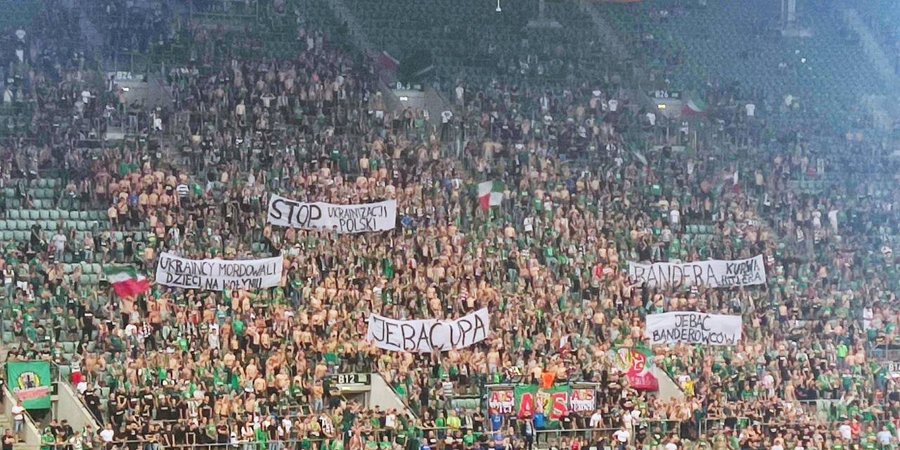 Śląsk Wrocław soccer ultras display anti-Ukrainian banners during their ...