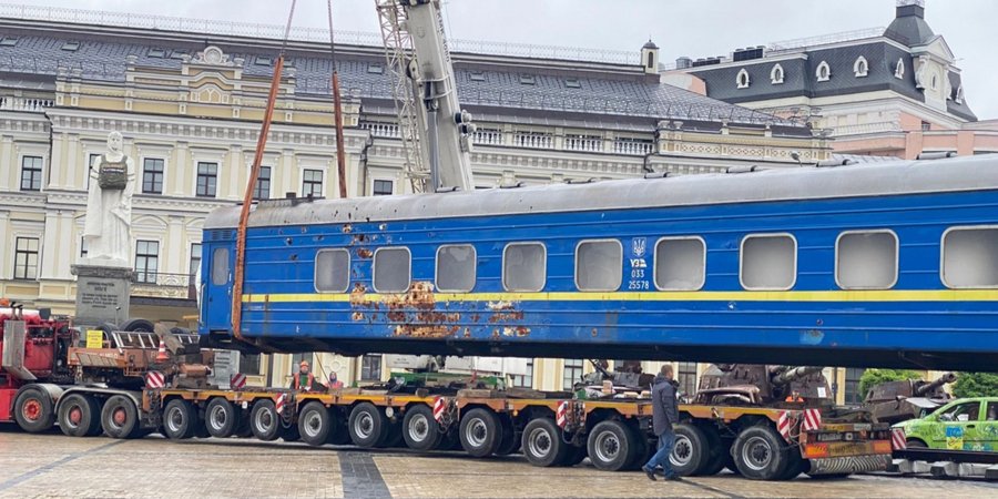 Shelled train car on display in Kyiv for Ukrainian Railway Day / The ...