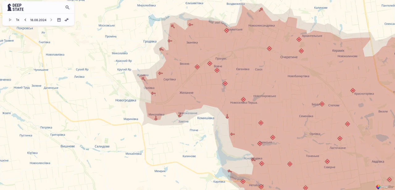DeepState map shows Russian and Ukrainian advances as of Aug. 18 / The New Voice of Ukraine